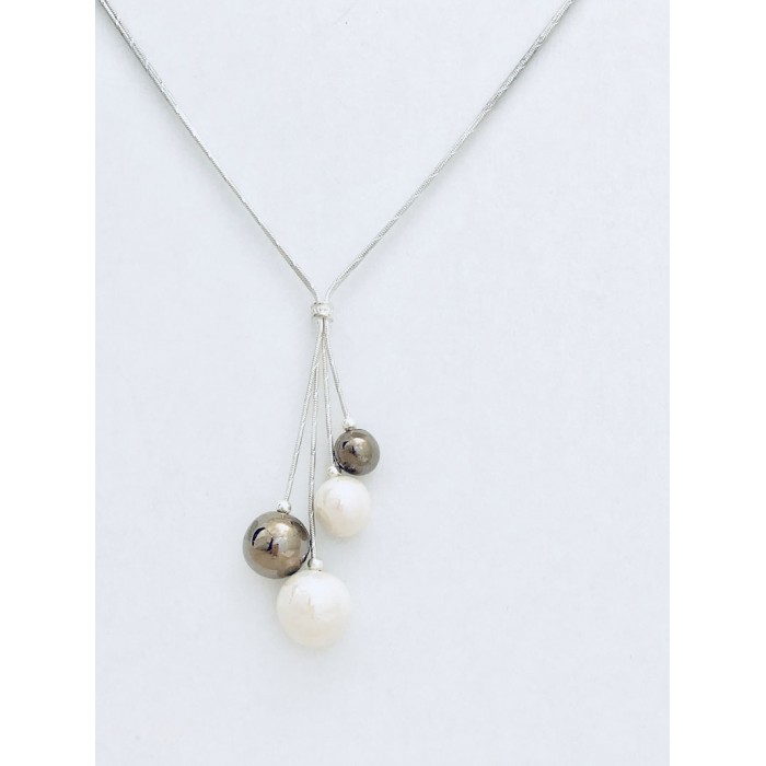 COLLIER argent massif 4 PERLES NOIR BLANC